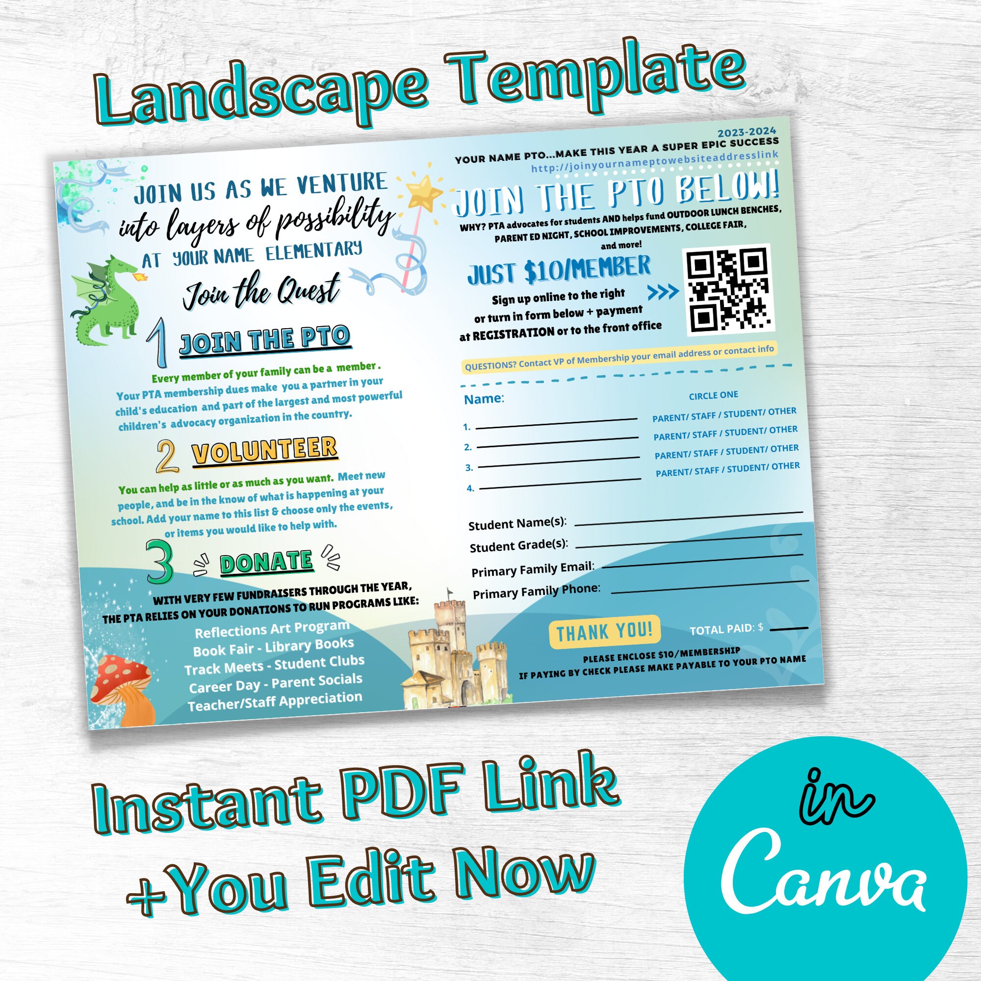 PTO Membership Flyer Editable PTA Form, Fairytale Story Enchantment ...