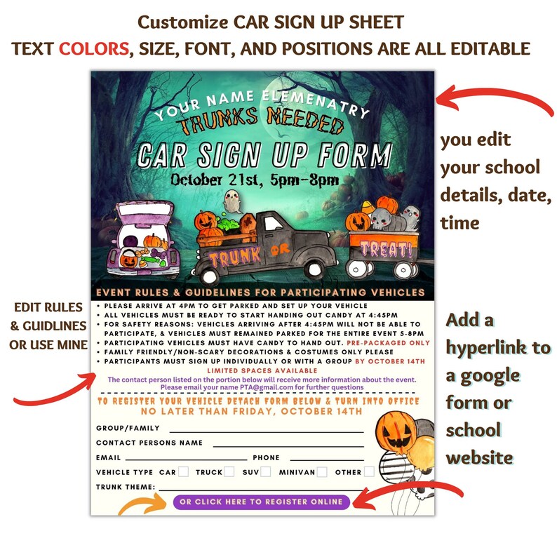 PTA/PTO Editable Trunk or Treat Flyer and Car Registration - Etsy