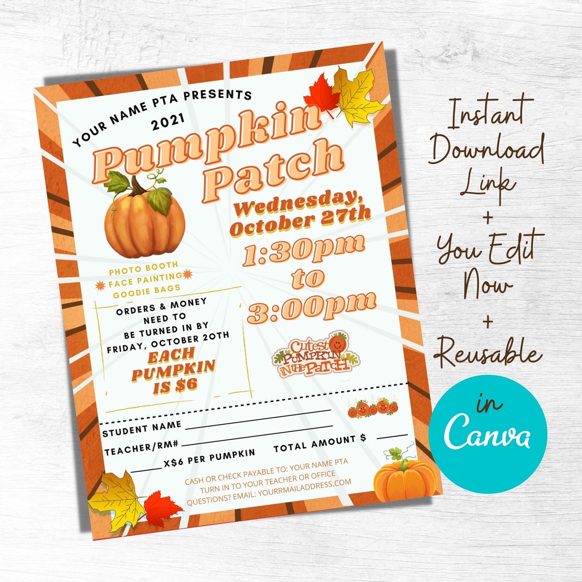 PTA PTO Pumpkin Patch Flyer Editable Form, Harvest Festival Theme Ready ...