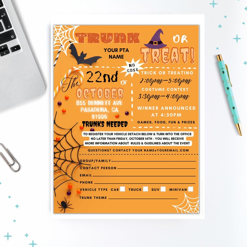 Trunk or Treat Flyer Template Tear off Form, Car Sign up Sheet, Event ...