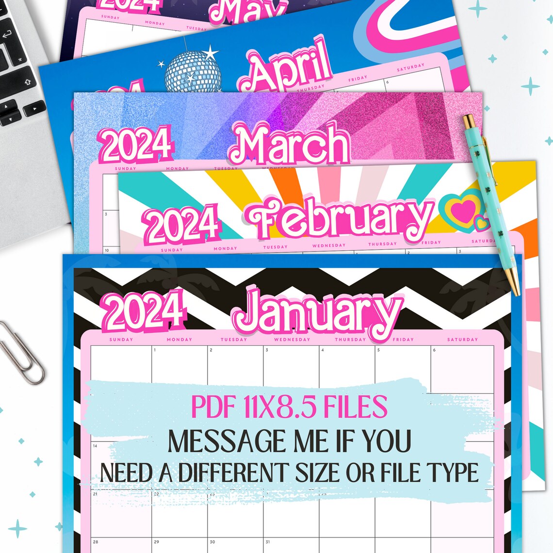 2024 Printable Pink Disco Monthly Calendar Bundle Wall - Etsy