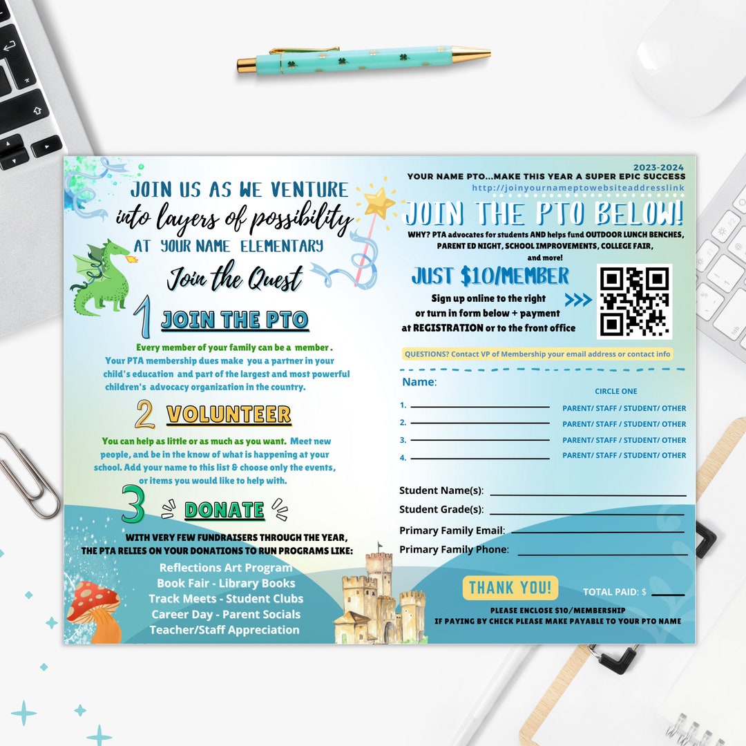 PTO Membership Flyer Editable PTA Form, Fairytale Story Enchantment, Brochure Template ...