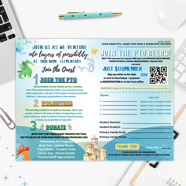 PTO Membership Flyer Editable PTA Form, Fairytale Story Enchantment ...