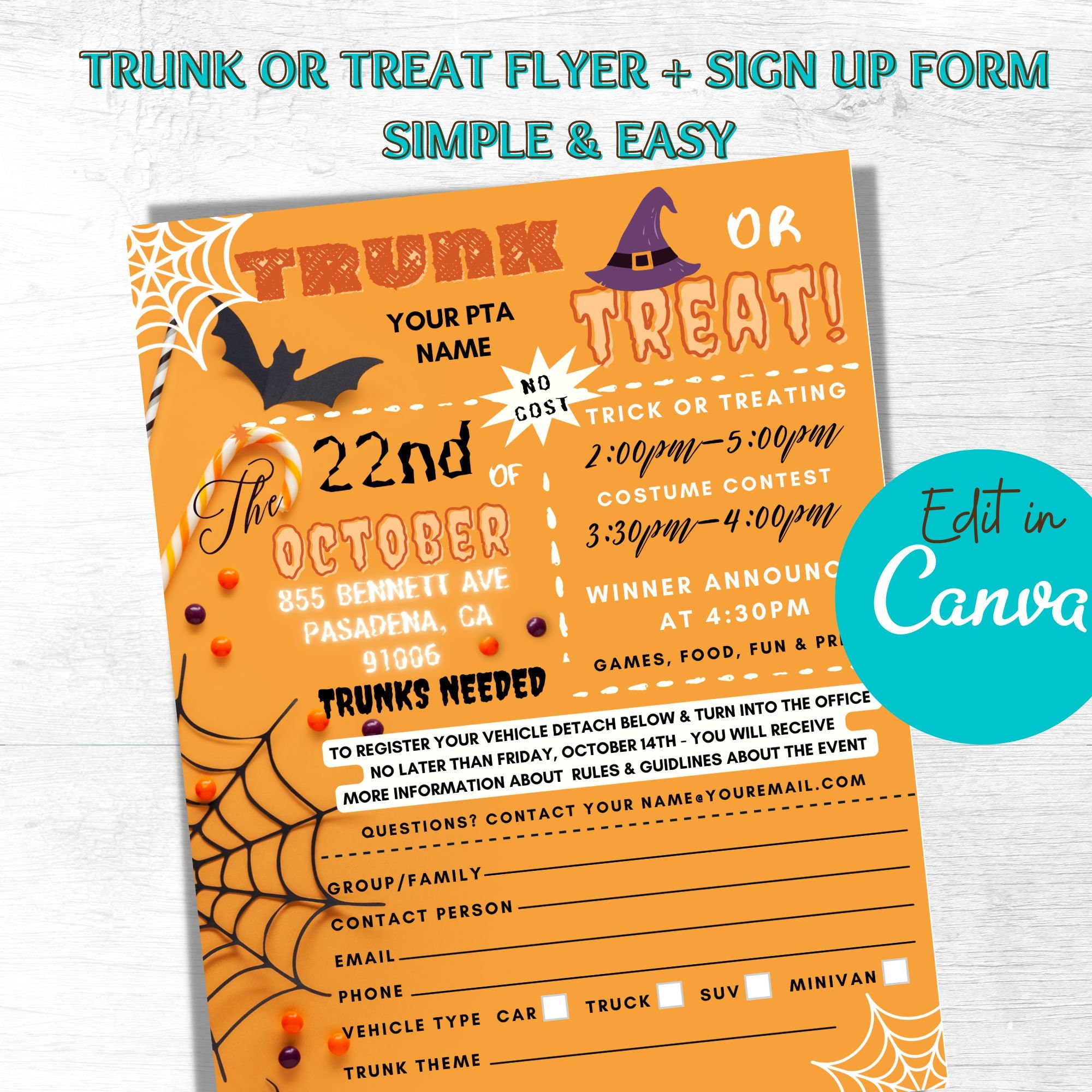 Trunk or Treat Flyer Template Tear off Form, Car Sign up Sheet, Event ...