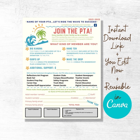 PTA PTO Membership Flyer Editable Form Summer Success Theme - Etsy