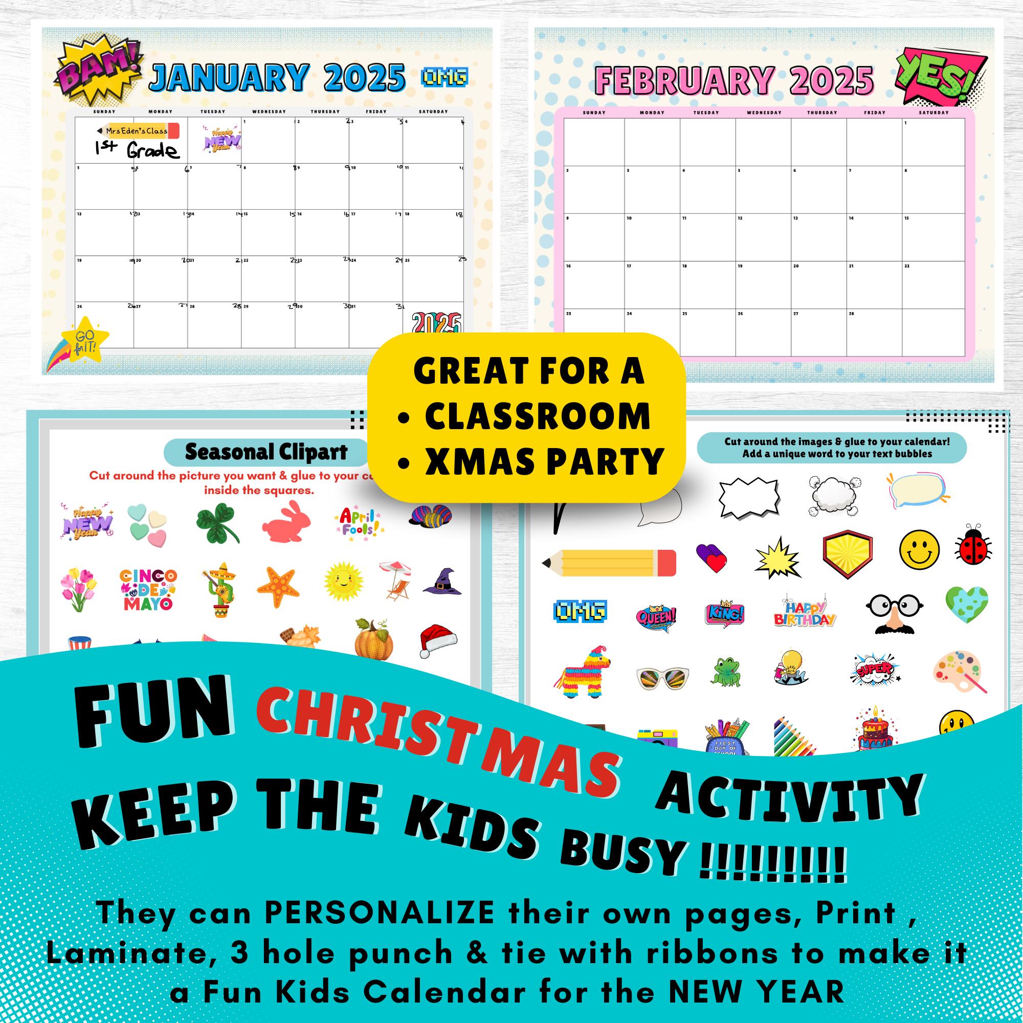 2025 Kids Calendar Printable, Personalized Monthly Activity Class ...