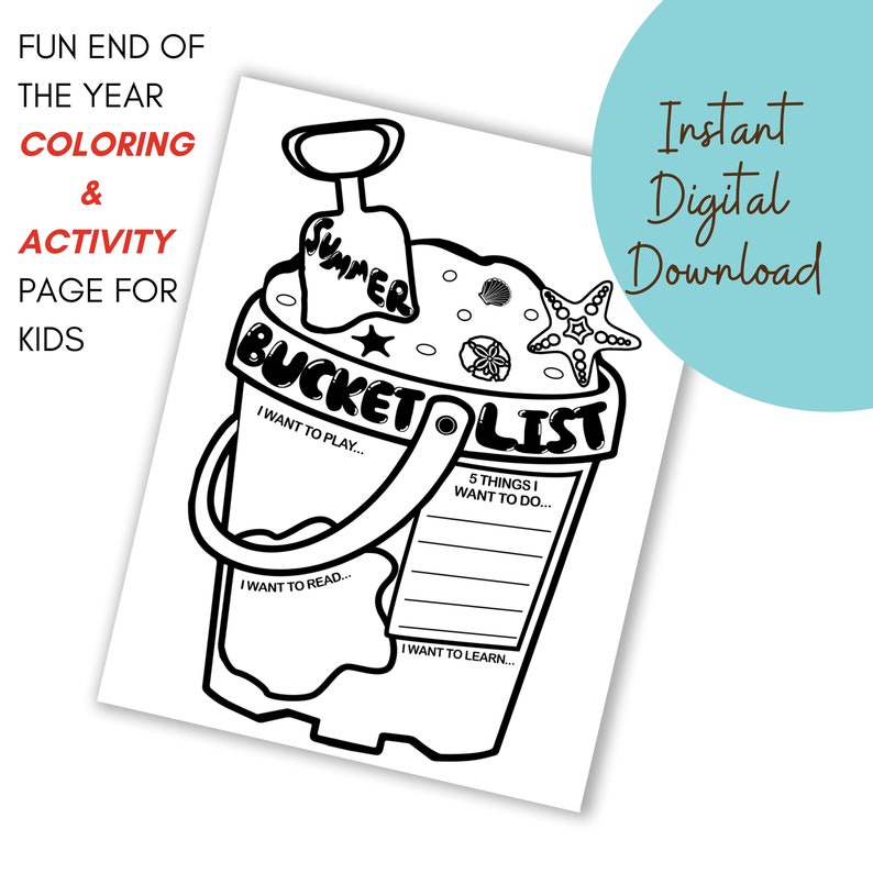 Summer Printable Bucket List & Activity Page Kindergarten Elementary ...