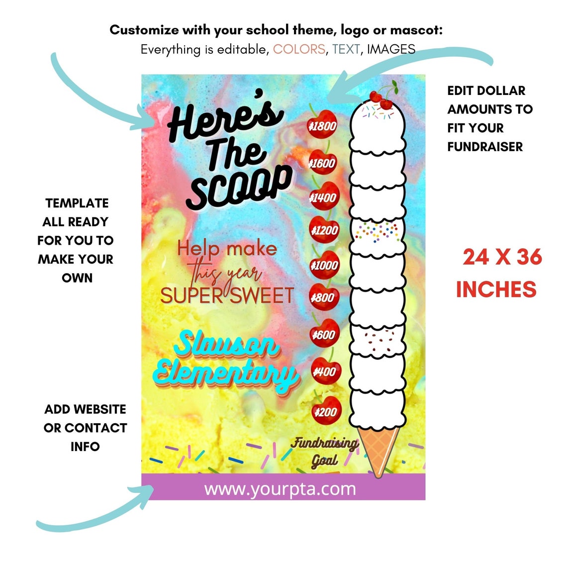 PTA PTO Membership Editable Poster, Ice Cream Thermometer Tracker ...