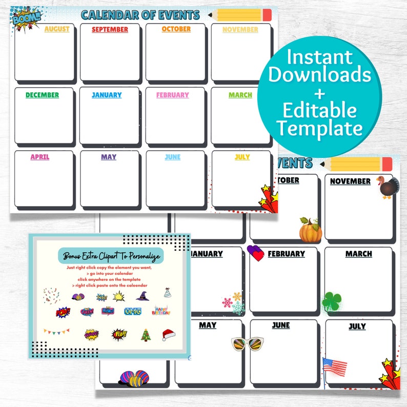 Editable Yearly PTO PTA Printable Calendars, Back to School, Undated School Calendar, Super Hero ...