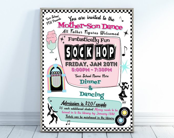 Editable 50's Sock Hop Invitation Pink and Blue Printable OR ...