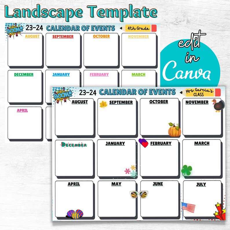 Editable Yearly PTO PTA Printable Calendars, Back to School, Undated ...