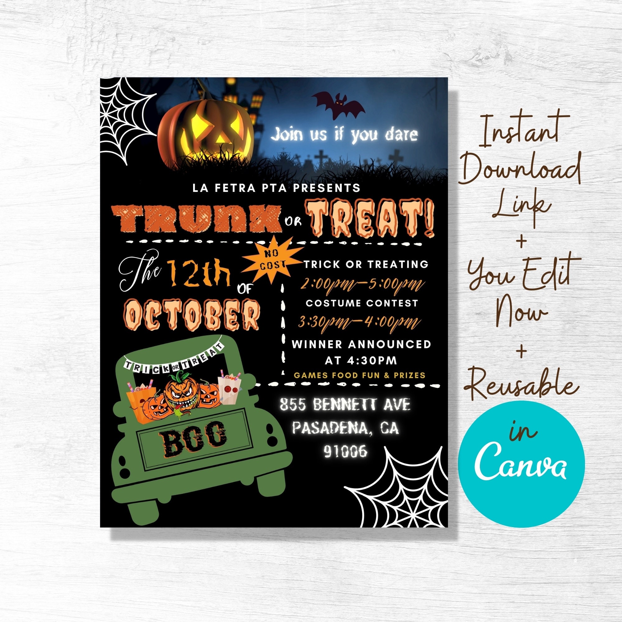 PTA PTO Trunk or Treat Editable Flyer, Halloween Template Theme Ready ...
