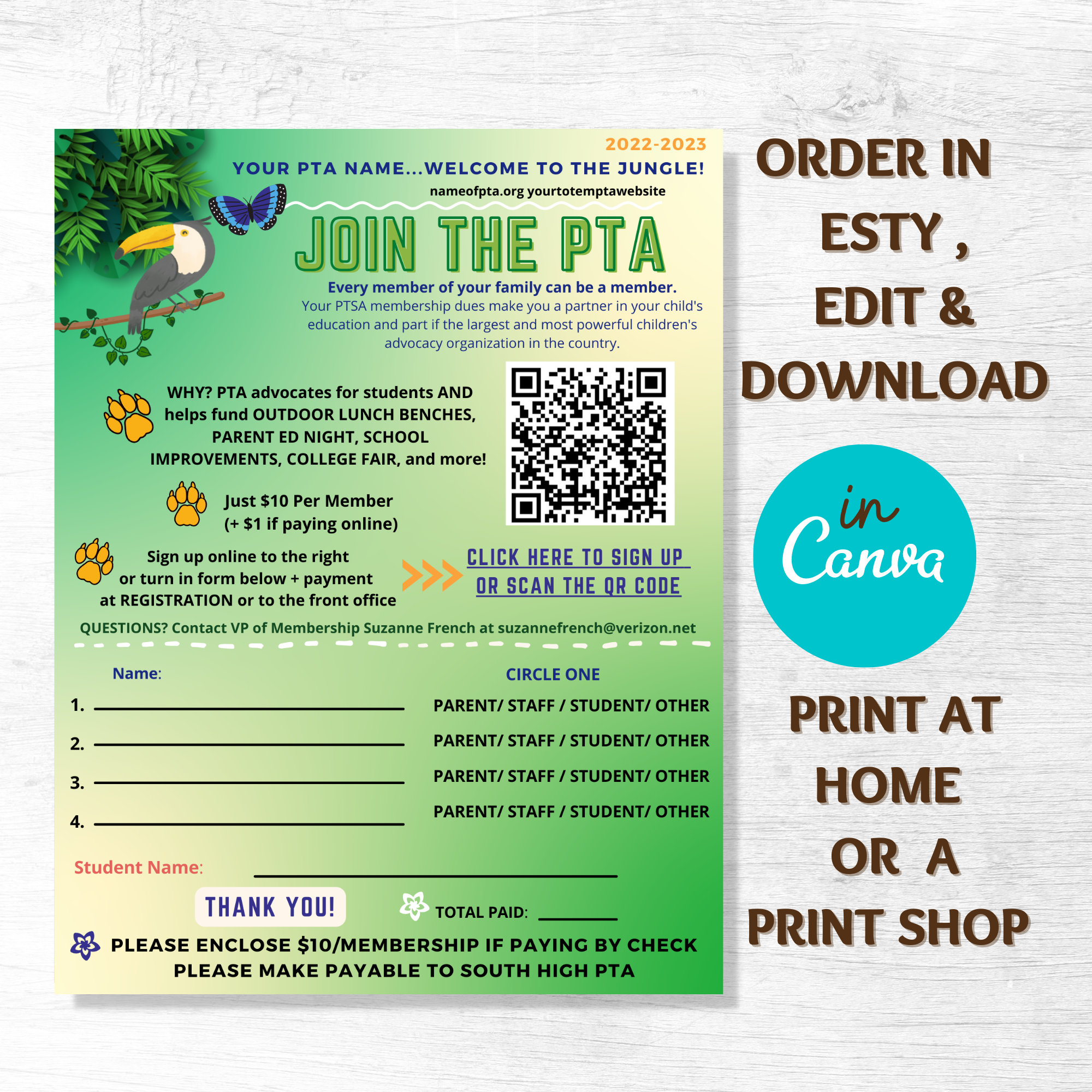 Safari Jungle Theme PTO Membership Flyer Editable PTA Form, Printable ...