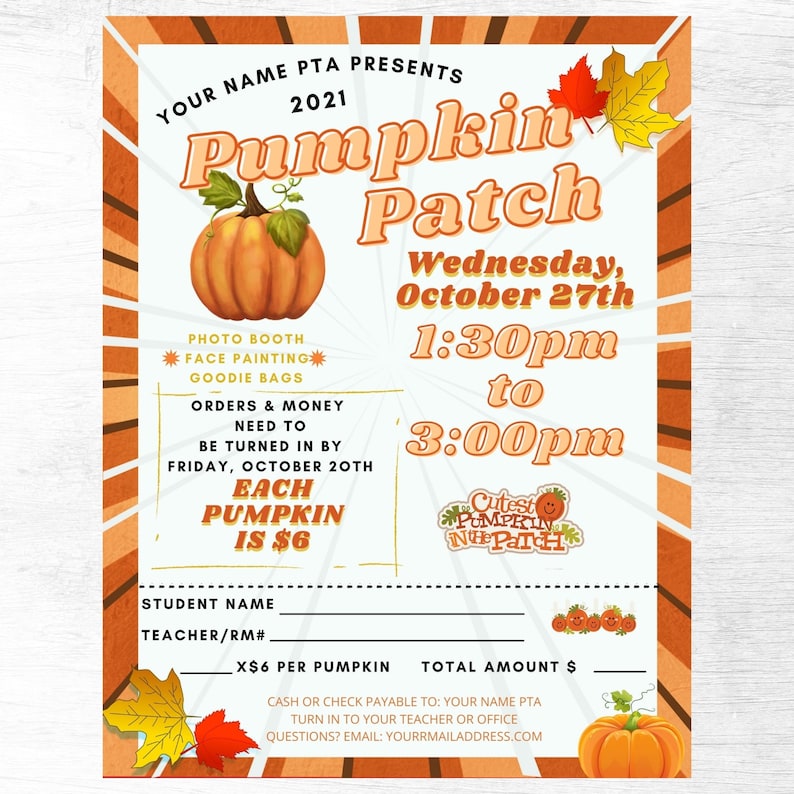 PTA PTO Pumpkin Patch Flyer Editable Form, Harvest Festival Theme Ready ...