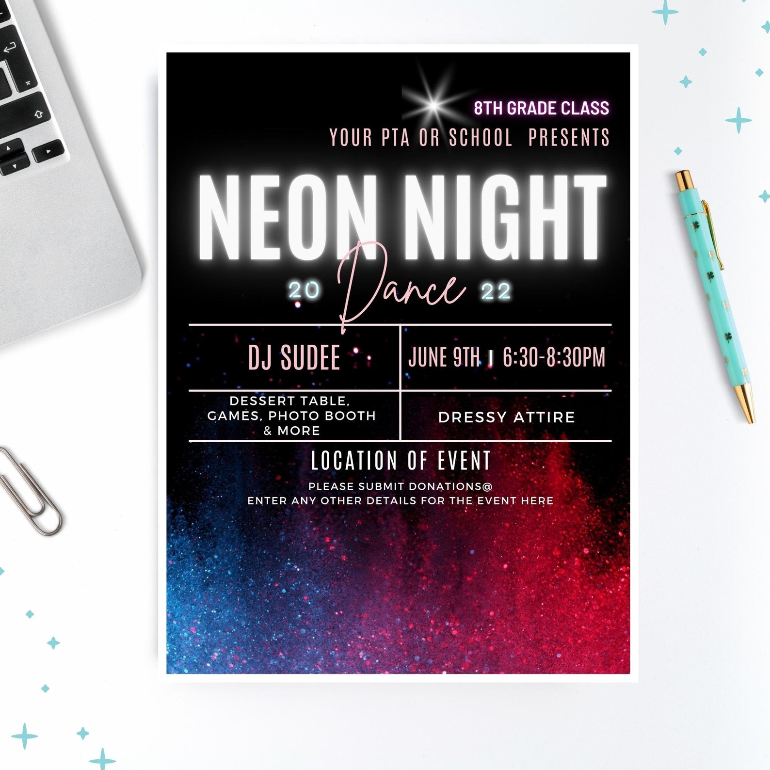 PTA PTO School 8th Grade Dance Flyer, Neon Night Glow Event, Theme ...