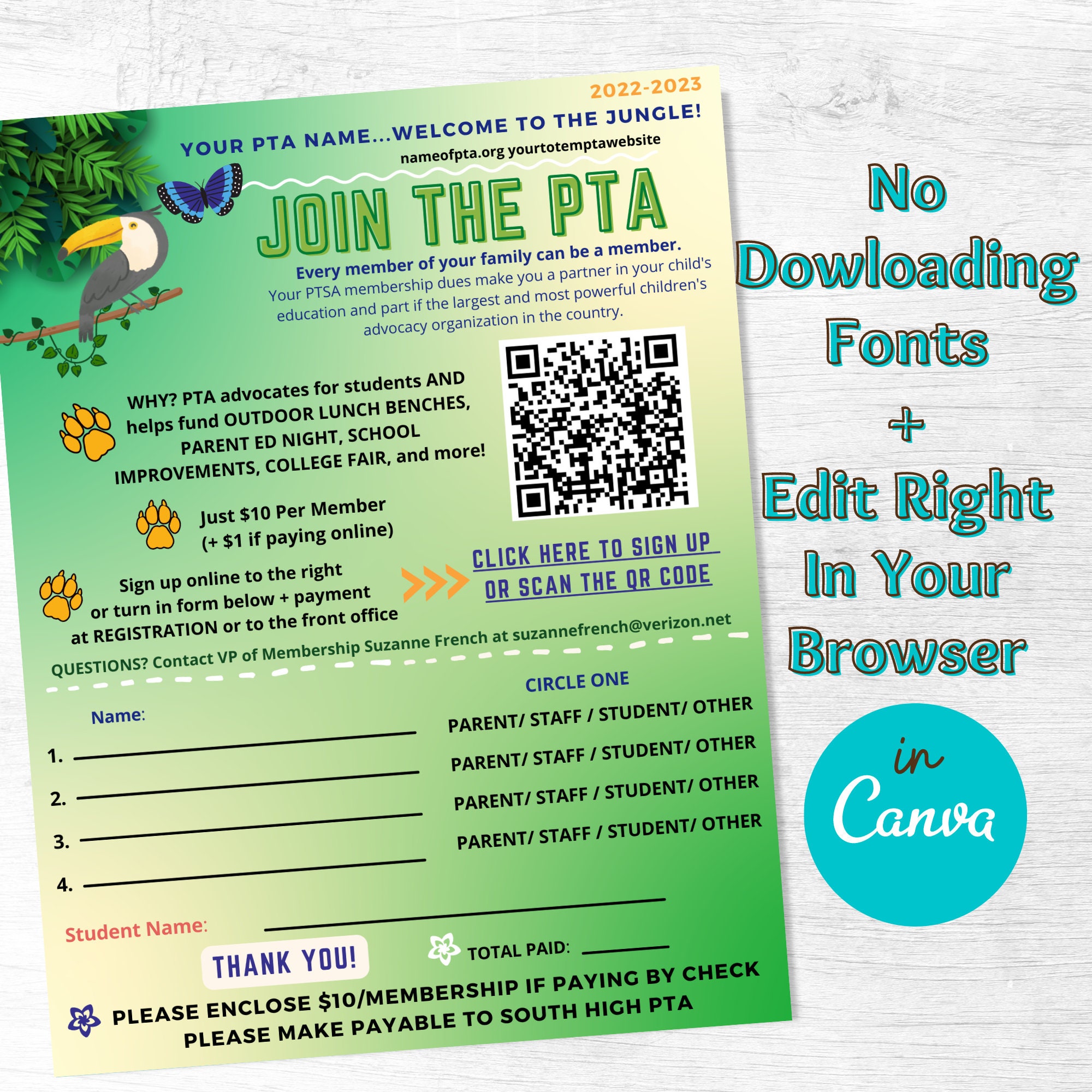 Safari Jungle Theme PTO Membership Flyer Editable PTA Form, Printable ...