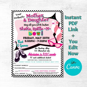 Mother Daughter Bowling PTA School Event Invitation Flyer, 50's Bowling ...