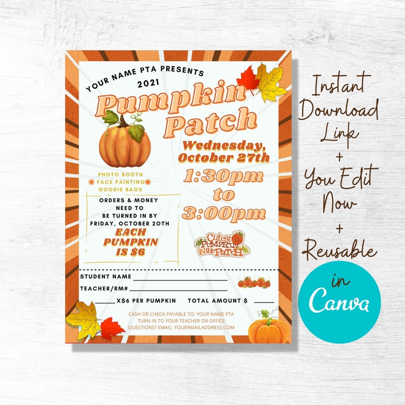 PTA PTO Pumpkin Patch Flyer Editable Form, Harvest Festival Theme Ready ...