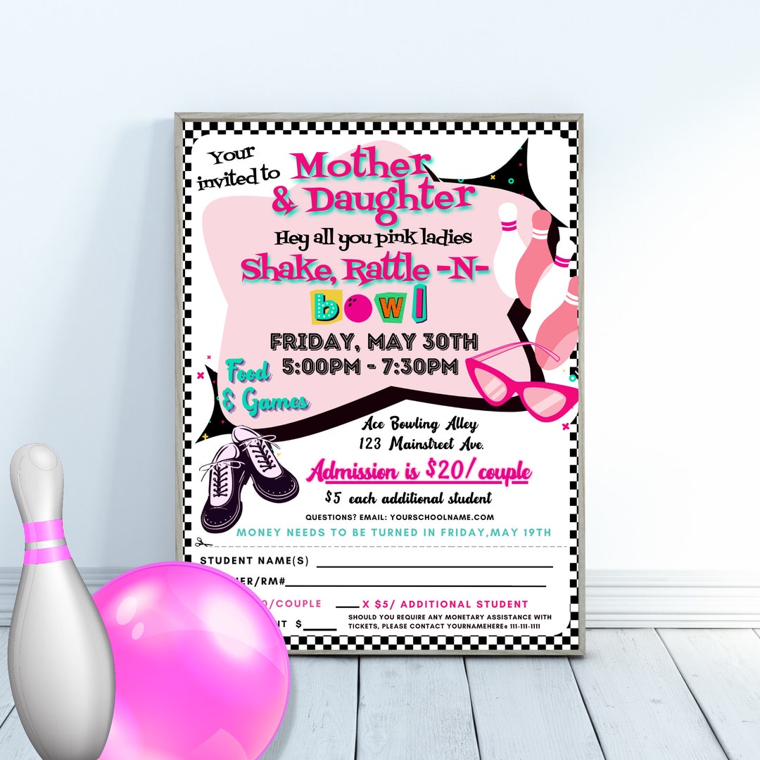 Mother Daughter Bowling PTA School Event Invitation Flyer, 50's Bowling ...