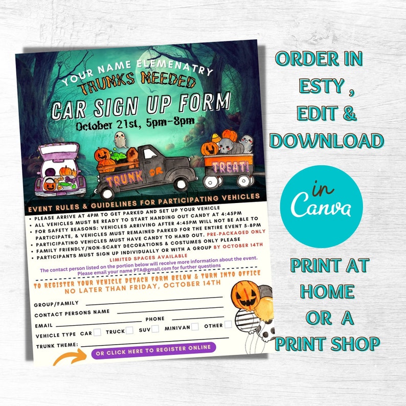 PTA/PTO Editable Trunk or Treat Flyer and Car Registration Form Sign Up ...