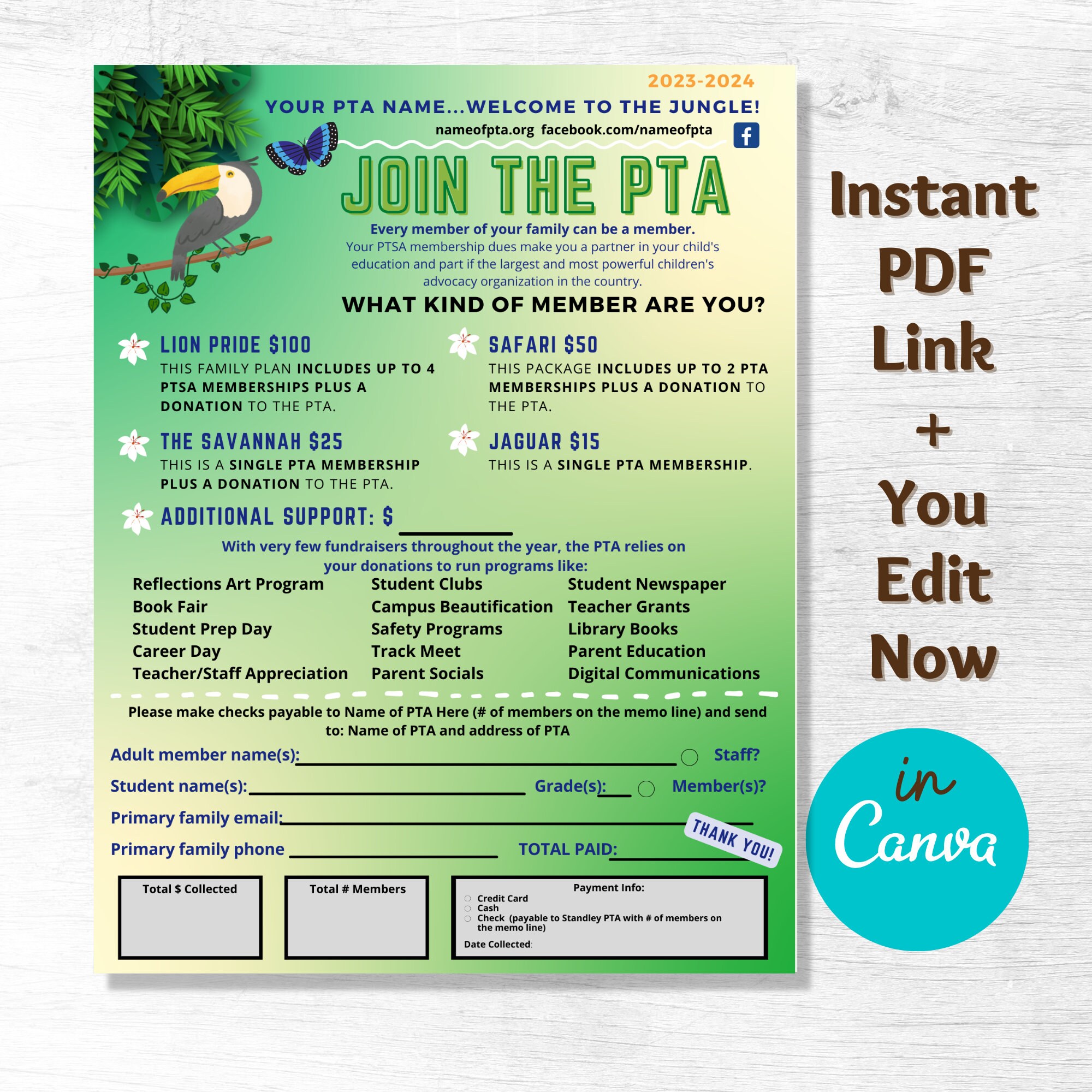 Safari Jungle Theme PTO Membership Flyer Editable PTA Form - Etsy