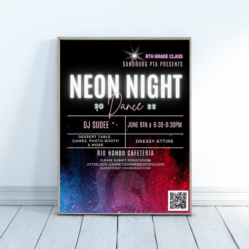 PTA PTO School 8th Grade Dance Flyer, Neon Night Glow Event, Theme ...