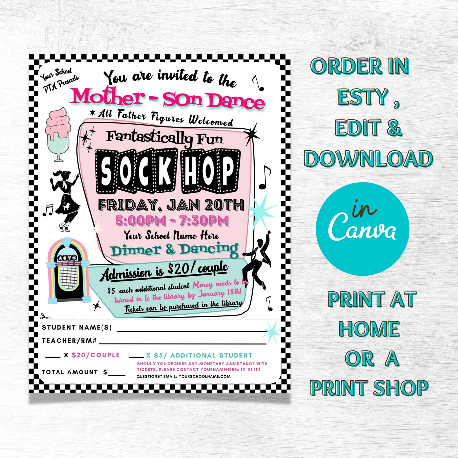 EDITABLE Mother & Son Dance Invitation Flyer, 50's Sock Hop Theme ...