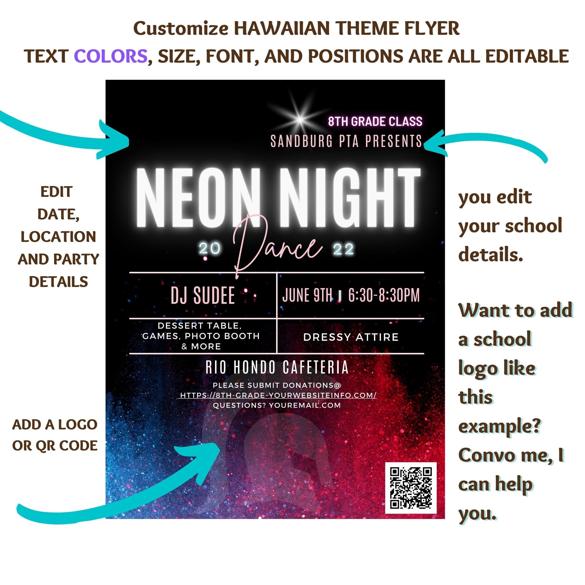PTA PTO School 8th Grade Dance Flyer, Neon Night Glow Event, Theme ...