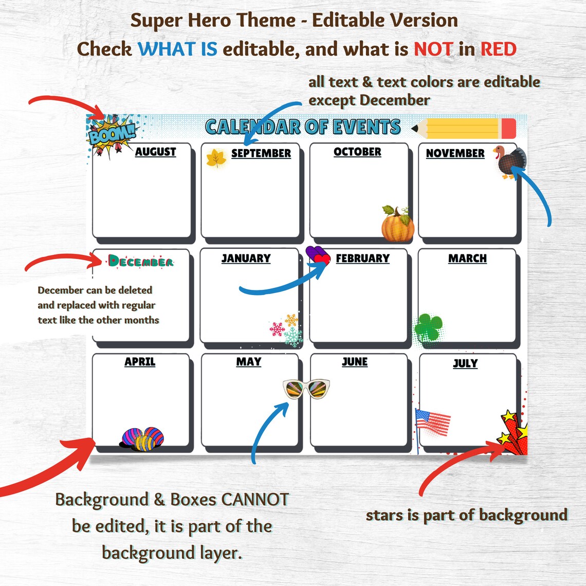 Editable Yearly PTO PTA Printable Calendars, Back to School, Undated ...