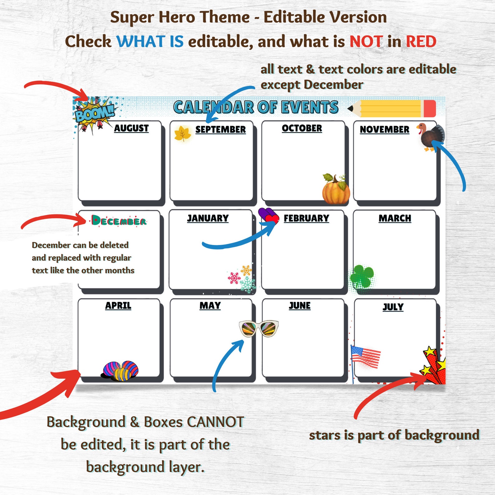 Editable Yearly PTO PTA Printable Calendars, Back to School, Undated ...