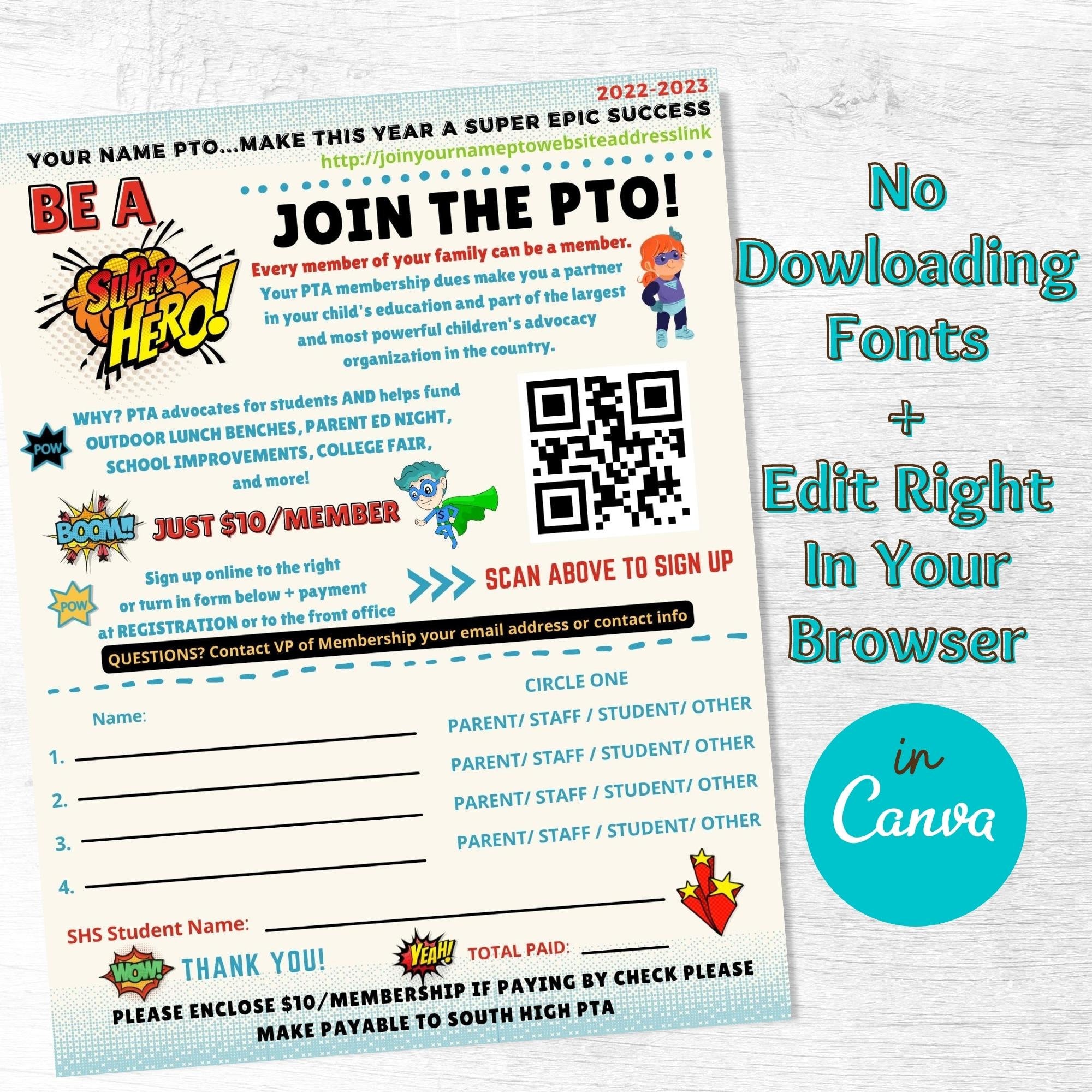 PTO Membership Flyer Editable Form, Super Hero Theme Ready, Printable ...