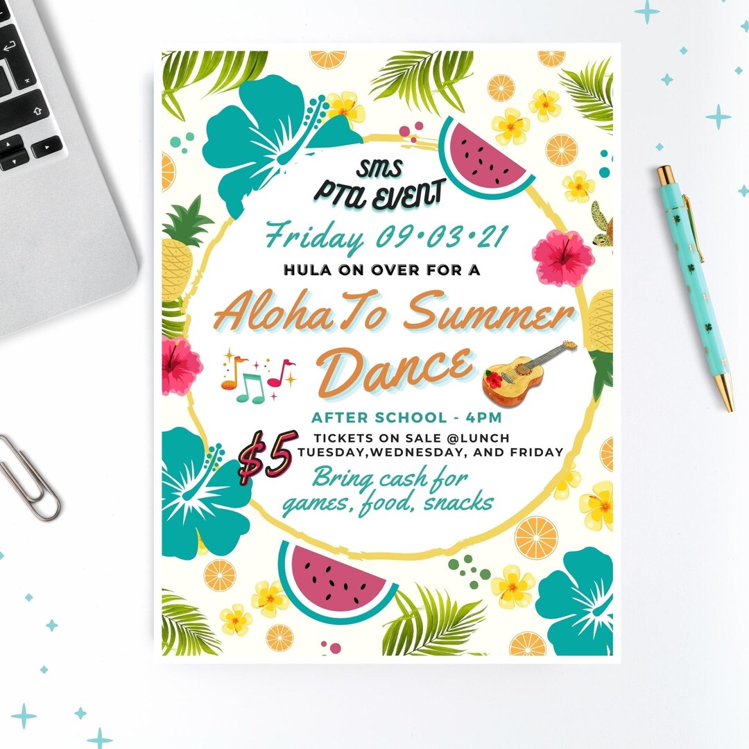 PTA PTO School Dance Flyer, Hawaiian Aloha Theme Ready, Printable ...