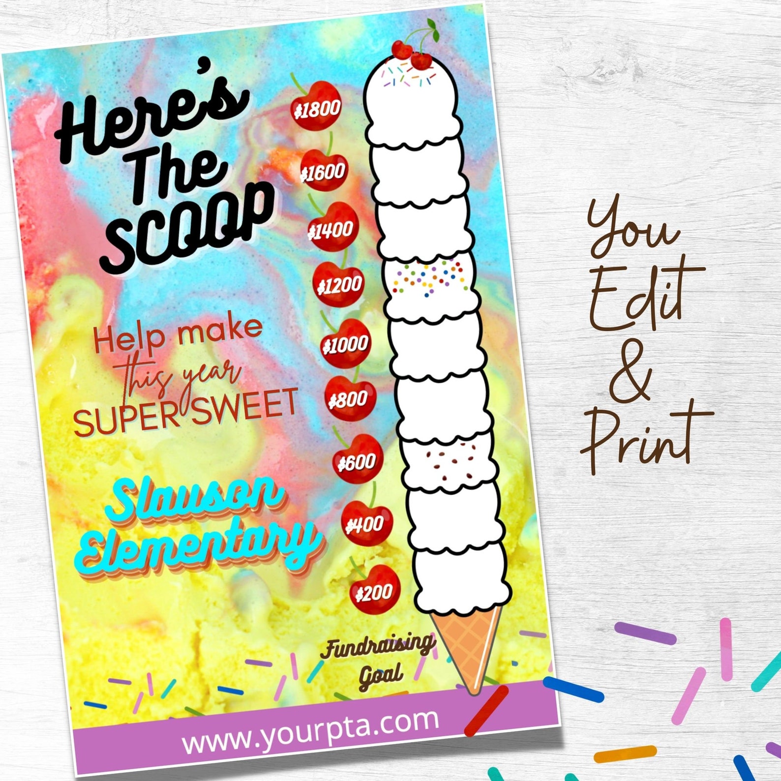 PTA PTO Membership Editable Poster, Ice Cream Thermometer Tracker ...