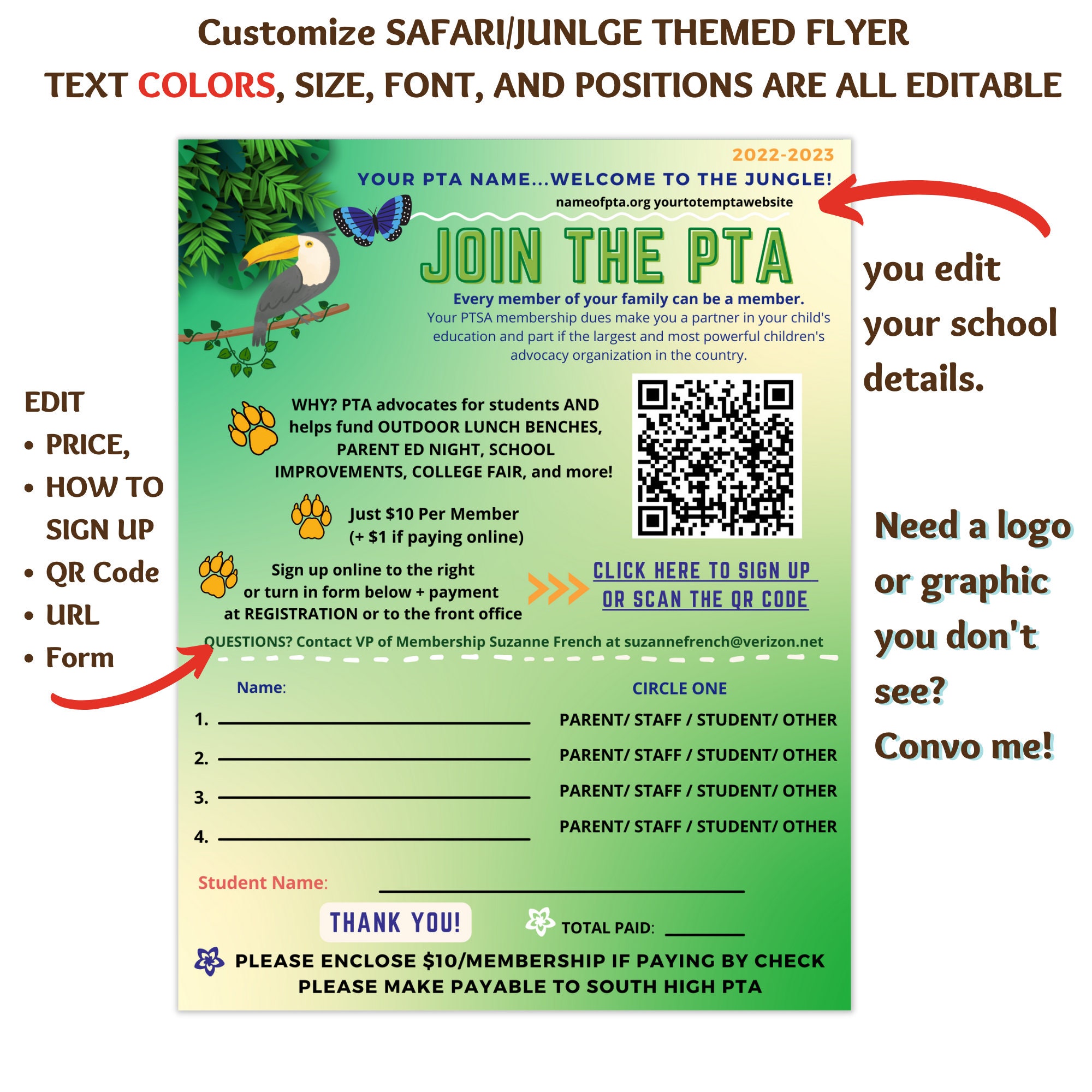 Safari Jungle Theme PTO Membership Flyer Editable PTA Form, Printable ...