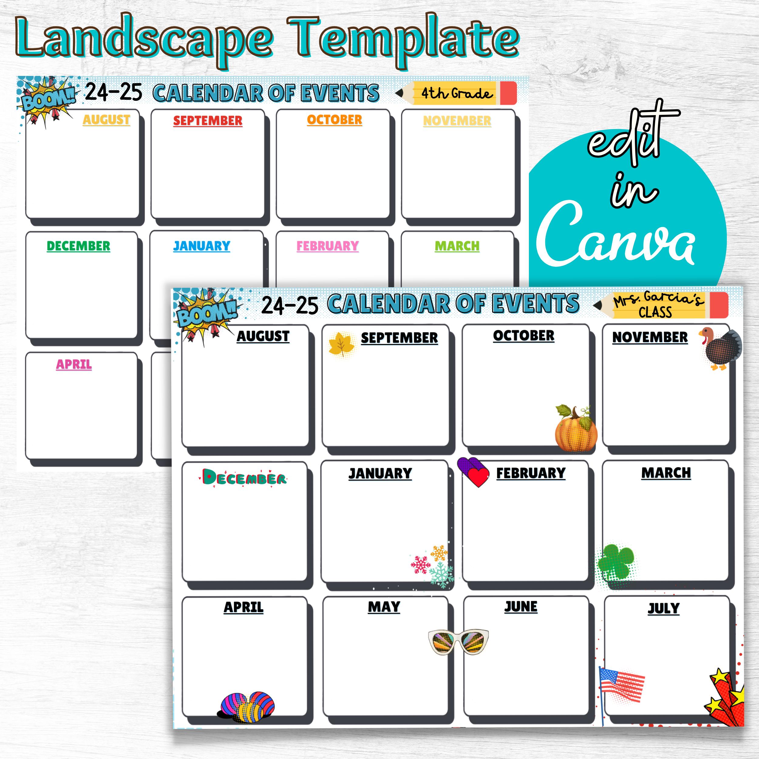 Editable Yearly PTO PTA Printable Calendars, Back to School, Undated School Calendar, Super Hero ...