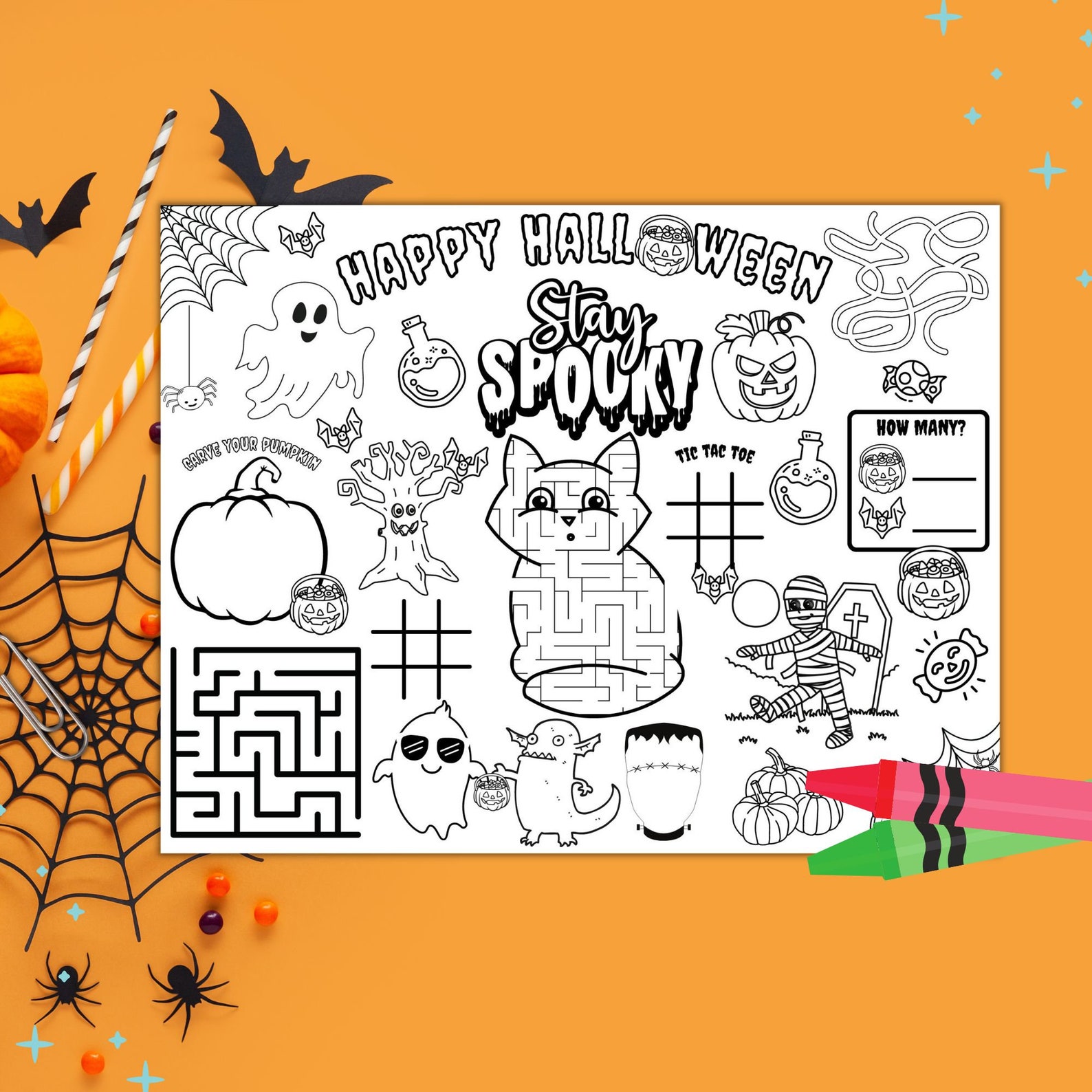 Halloween Coloring Activity Printables, Spooky Coloring Placemat ...