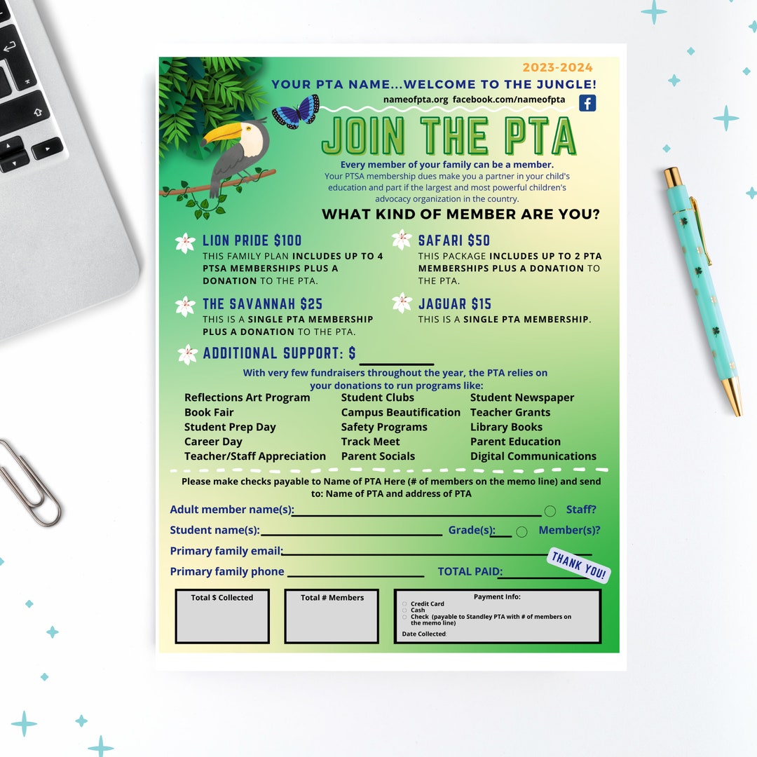 Safari Jungle Theme PTO Membership Flyer Editable PTA Form, Printable ...