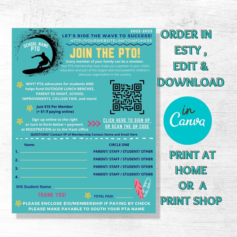 PTA Membership Form Template, PTO Membership, Editable Printable ...