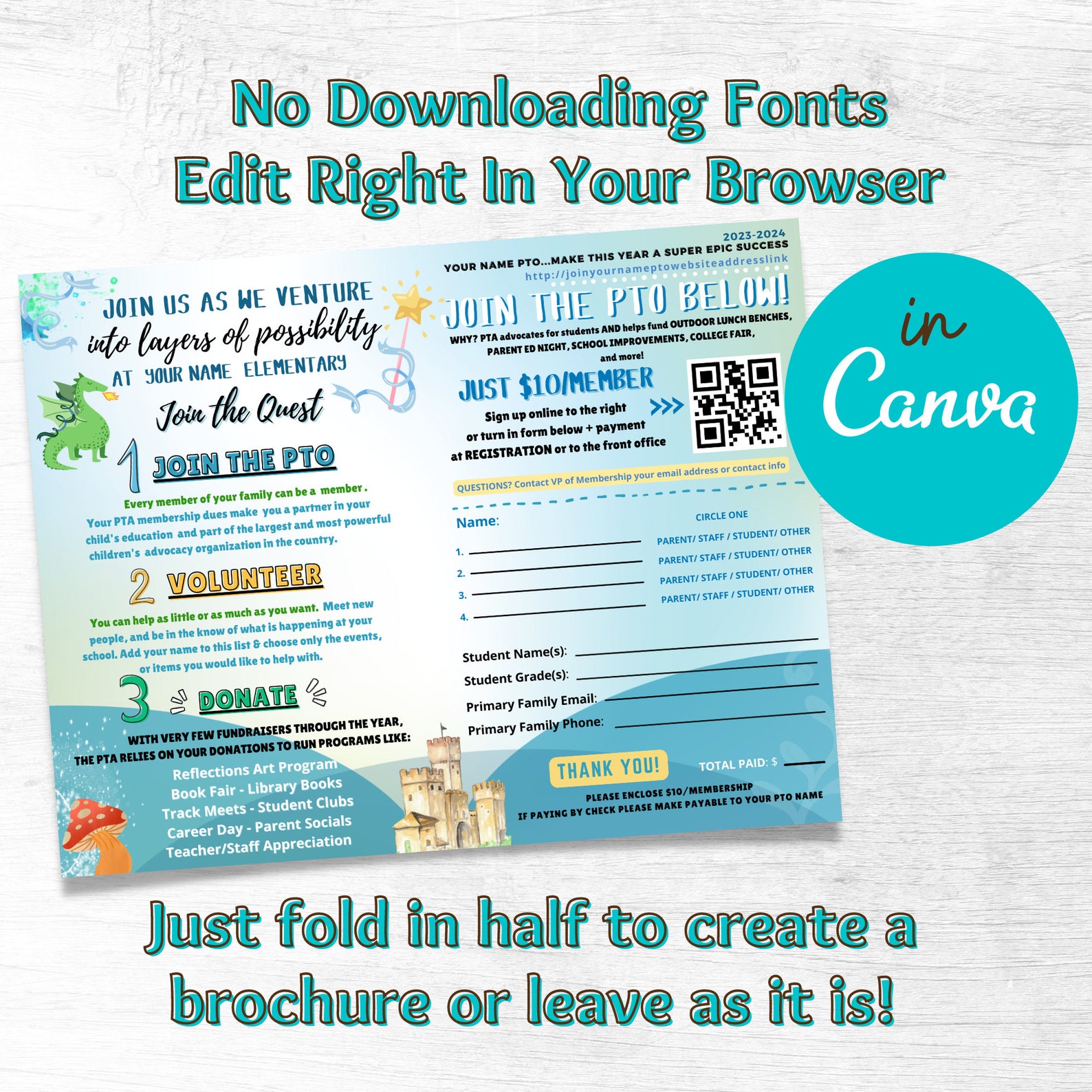 PTO Membership Flyer Editable PTA Form, Fairytale Story Enchantment ...