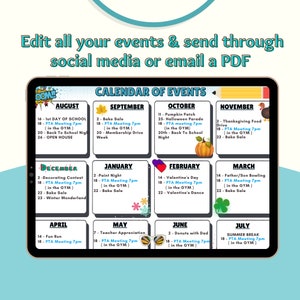 Editable Yearly PTO PTA Printable Calendars, Back to School, Undated ...