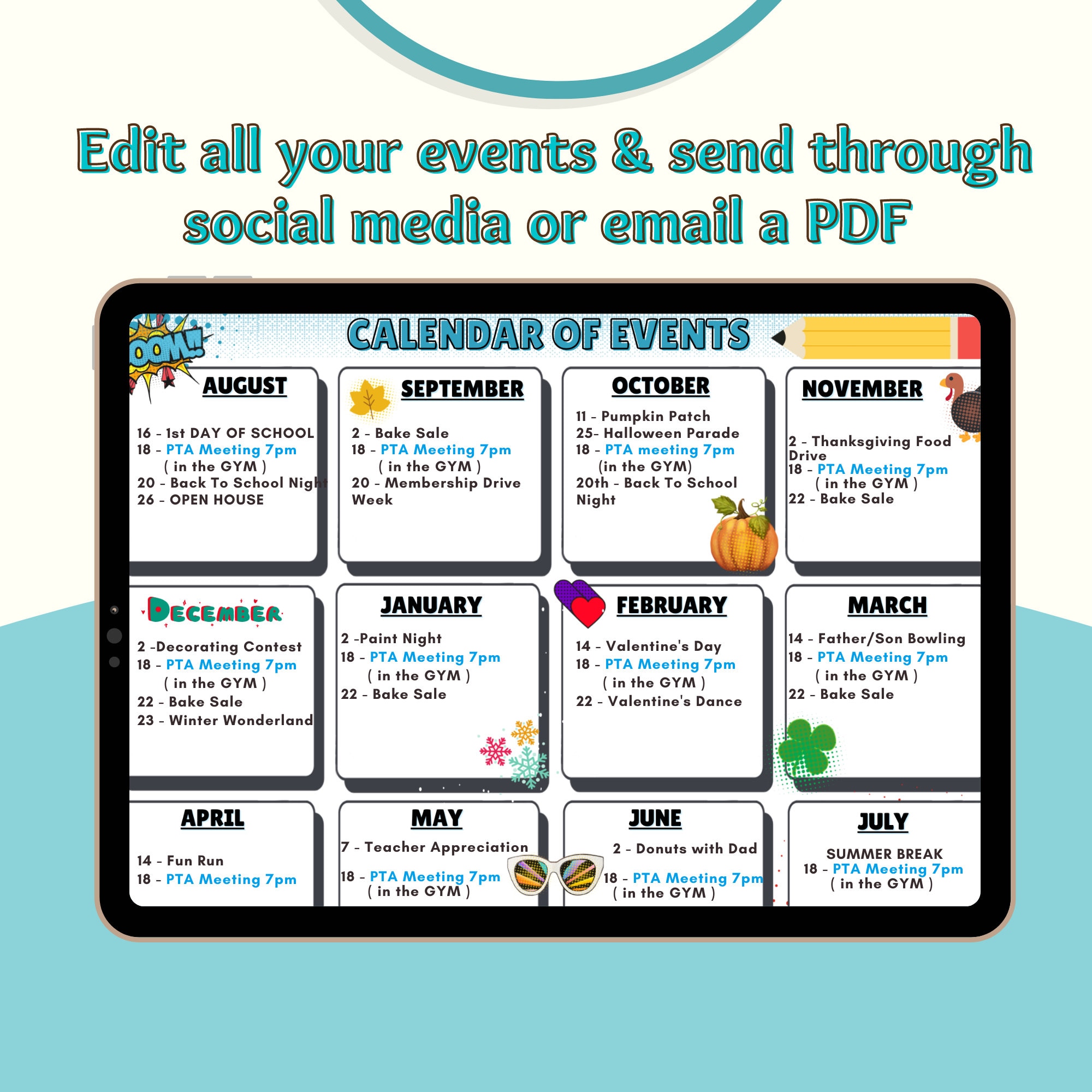 Editable Yearly PTO PTA Printable Calendars, Back to School, Undated ...