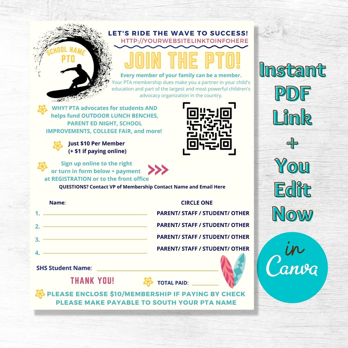 PTA Membership Form Template, PTO Membership, Editable Printable ...