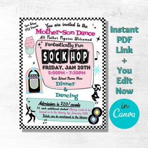 EDITABLE Mother & Son Dance Invitation Flyer, 50's Sock Hop Theme ...