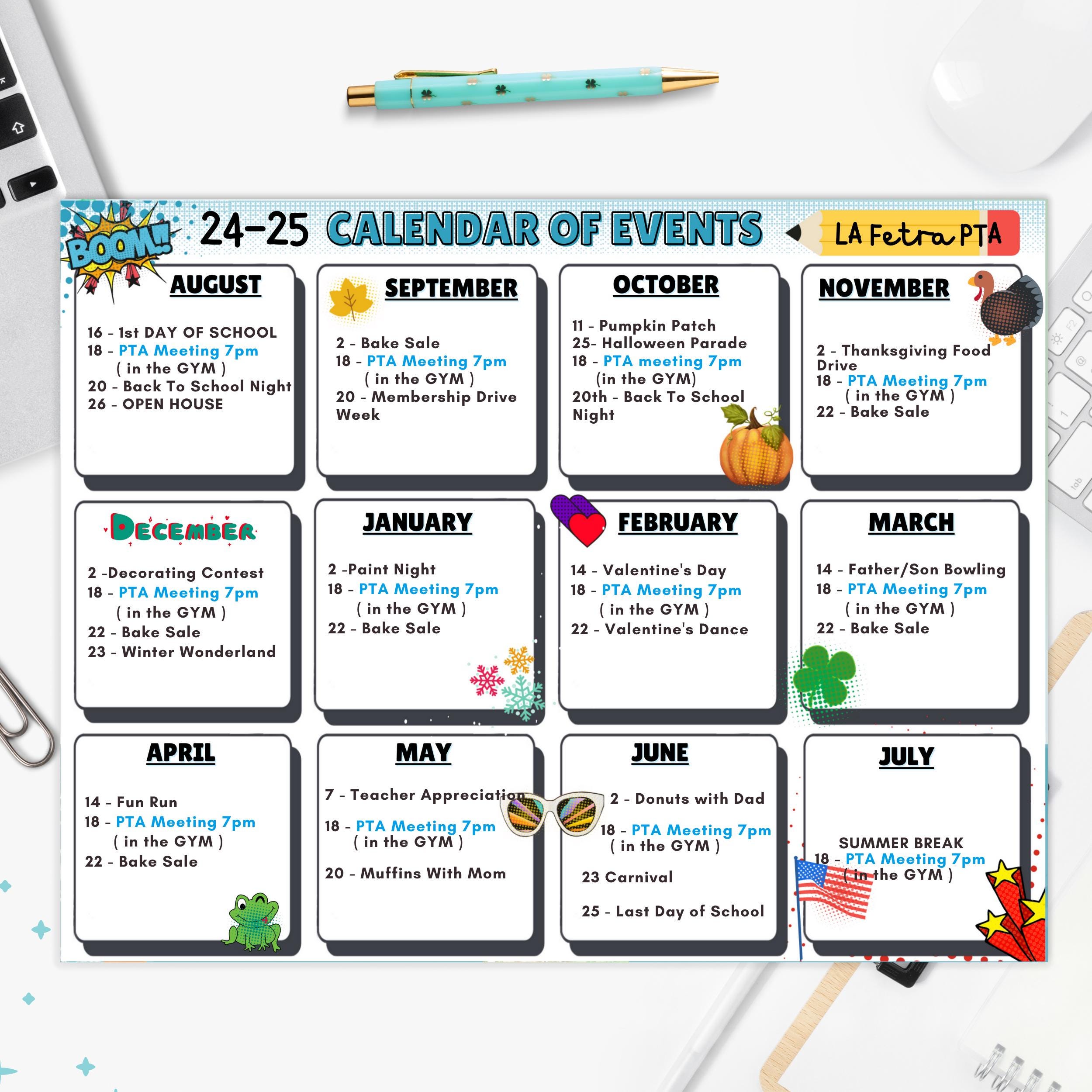 Editable Yearly PTO PTA Printable Calendars, Back to School, Undated ...