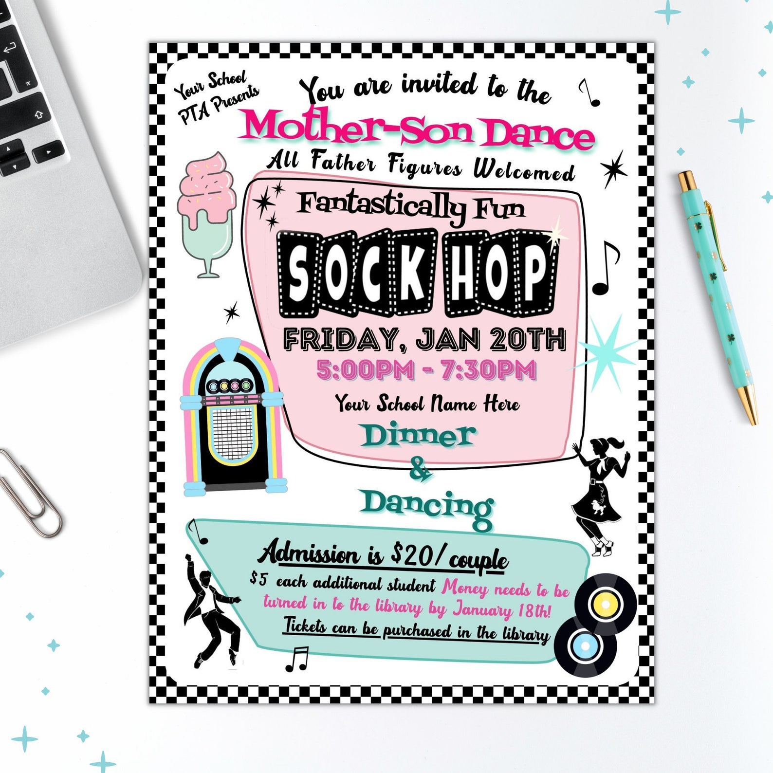 EDITABLE Mother & Son Dance Invitation Flyer, 50's Sock Hop Theme ...