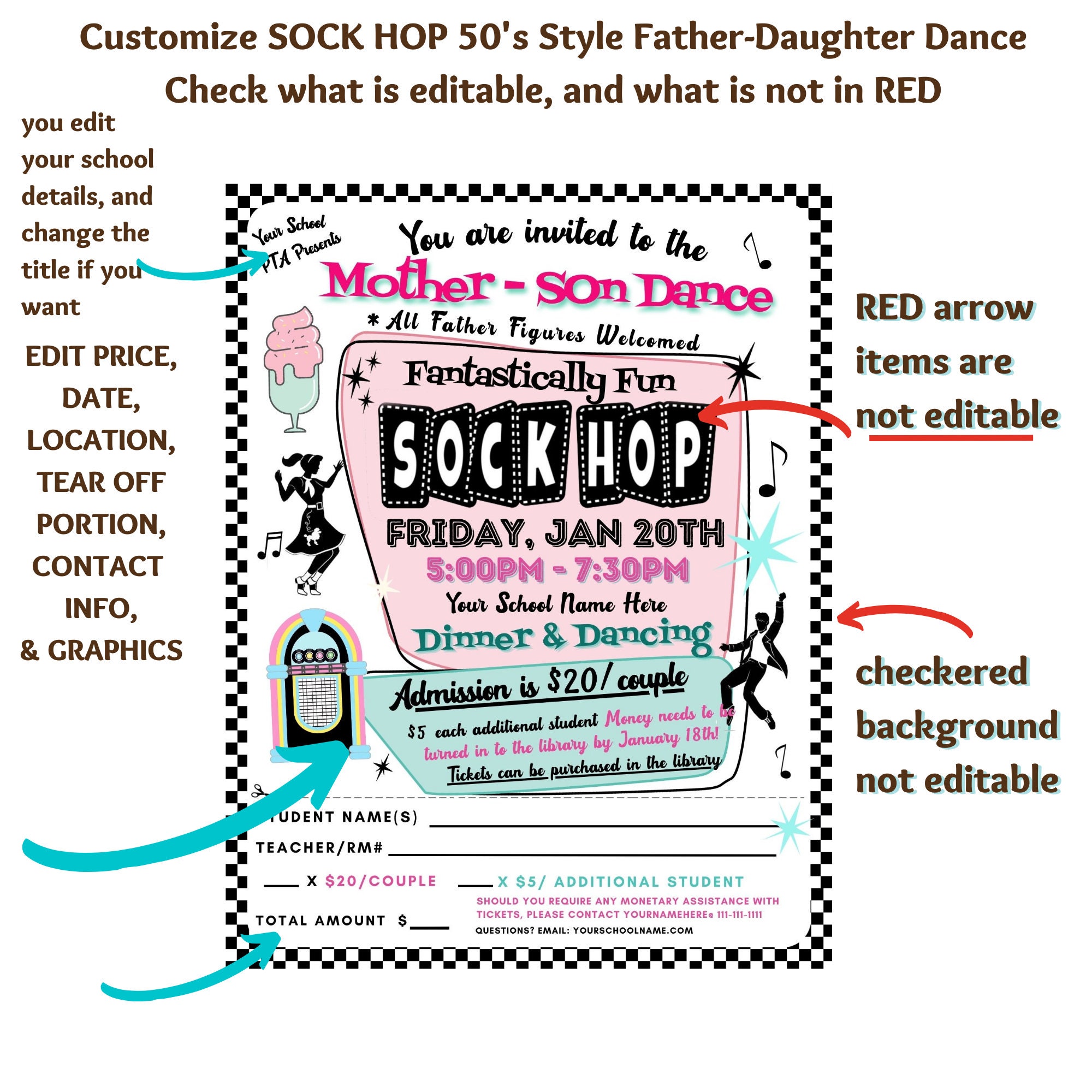 EDITABLE Mother & Son Dance Invitation Flyer, 50's Sock Hop Theme ...