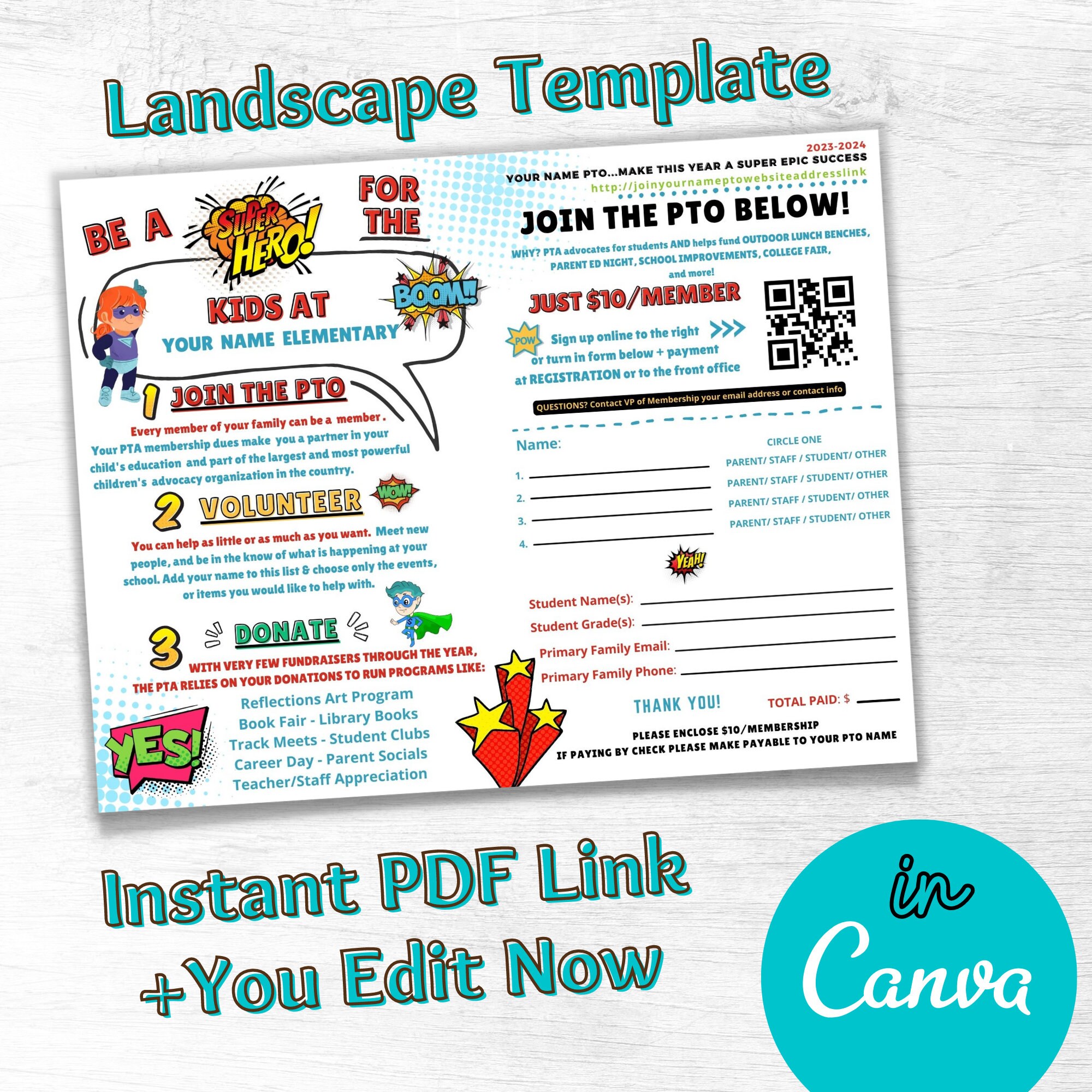 PTO Membership Flyer Editable PTA Form, Super Hero Theme Ready ...