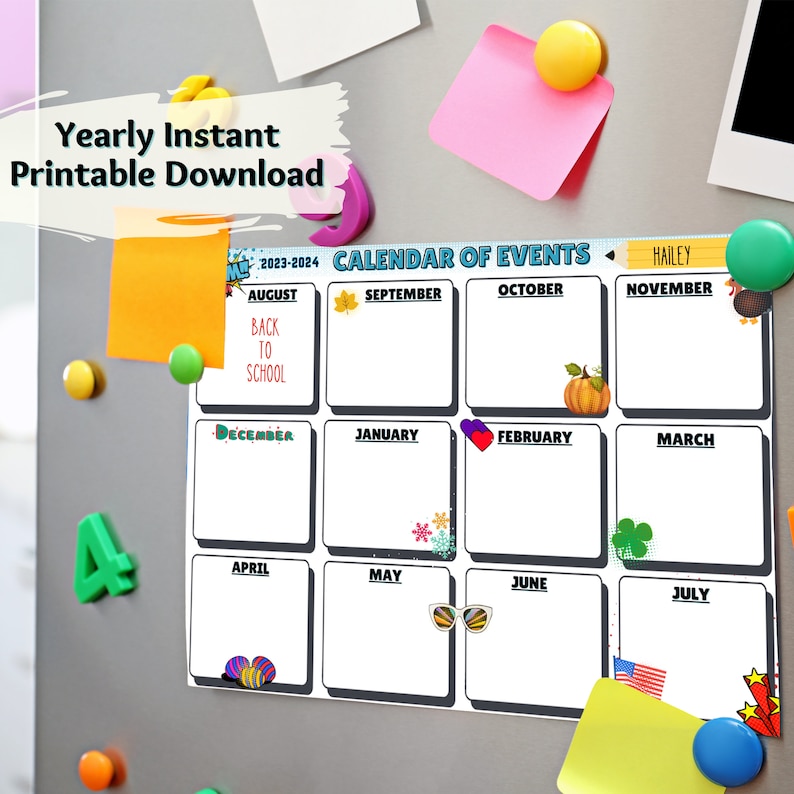 Kids Yearly Calendar Printable, Printable Calendars, Undated School ...