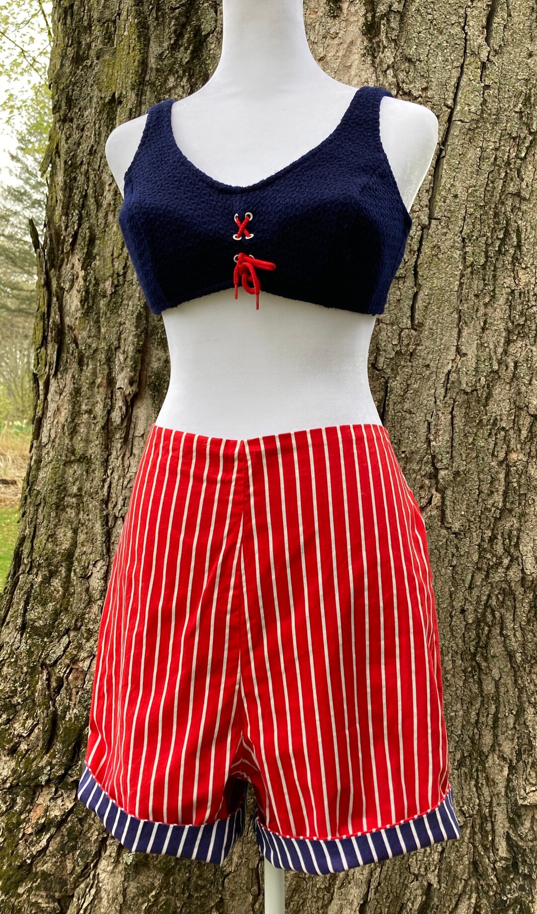 1960s Reversible Swim Play Swimsuit Styled by Lee in Navy Blue Red and ...