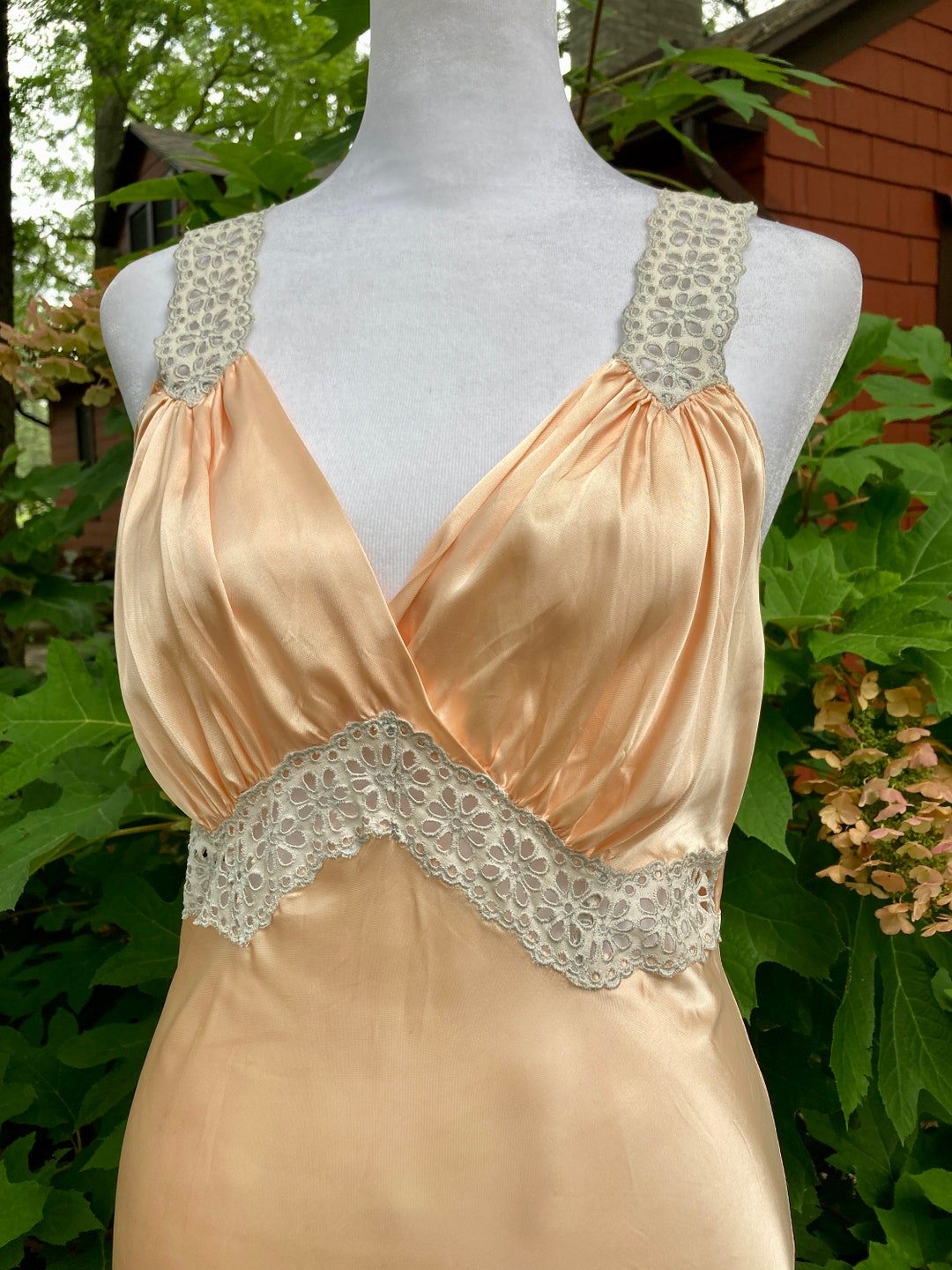 1930s Liquid Satin Slip Dress in Peach With Light Gray Eyelet Lace ...